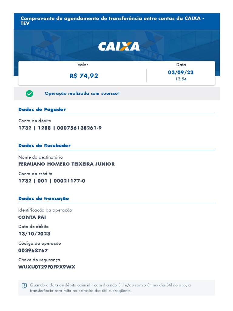 Valor Data: Comprovante de Agendamento de Transferência Entre Contas Da CAIXA - TEV | PDF