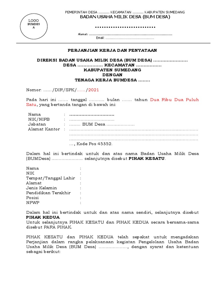 Draft Perjanjian Kerja (SPK) Dan Penyataan Tenaga Kerja Bumdesa | PDF