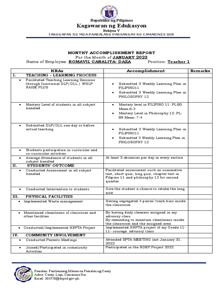 Accomplishment Report New For Teachers January 2023 - 071857 | PDF | Behavior Modification ...