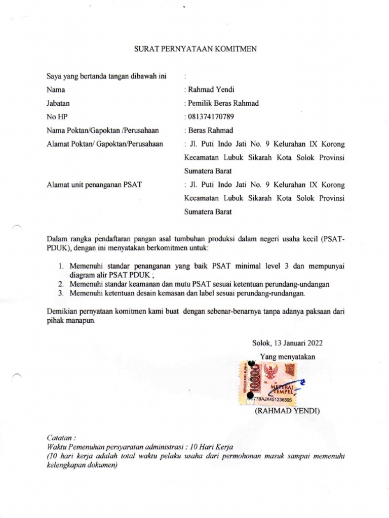 Surat Pernyataan Komitmen PSAT | PDF