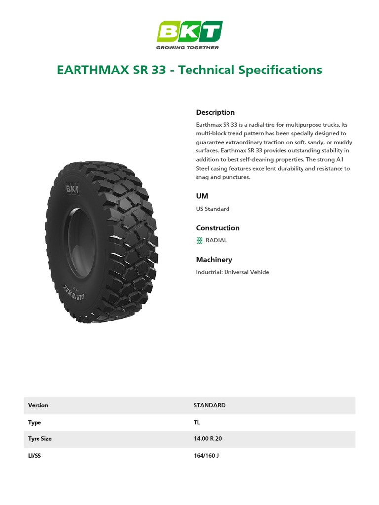 EARTHMAX SR 33 - Technical Specifications: Description | PDF | Tire ...