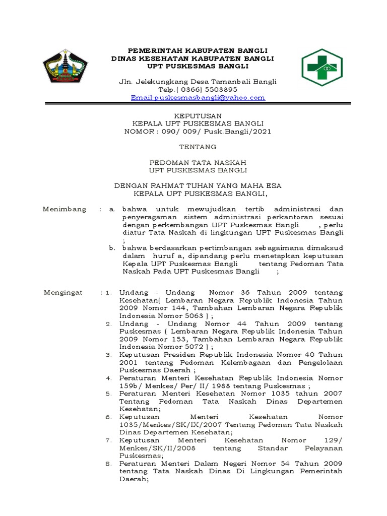 SK 009 Tata Naskah Puskesmas Bangli | PDF