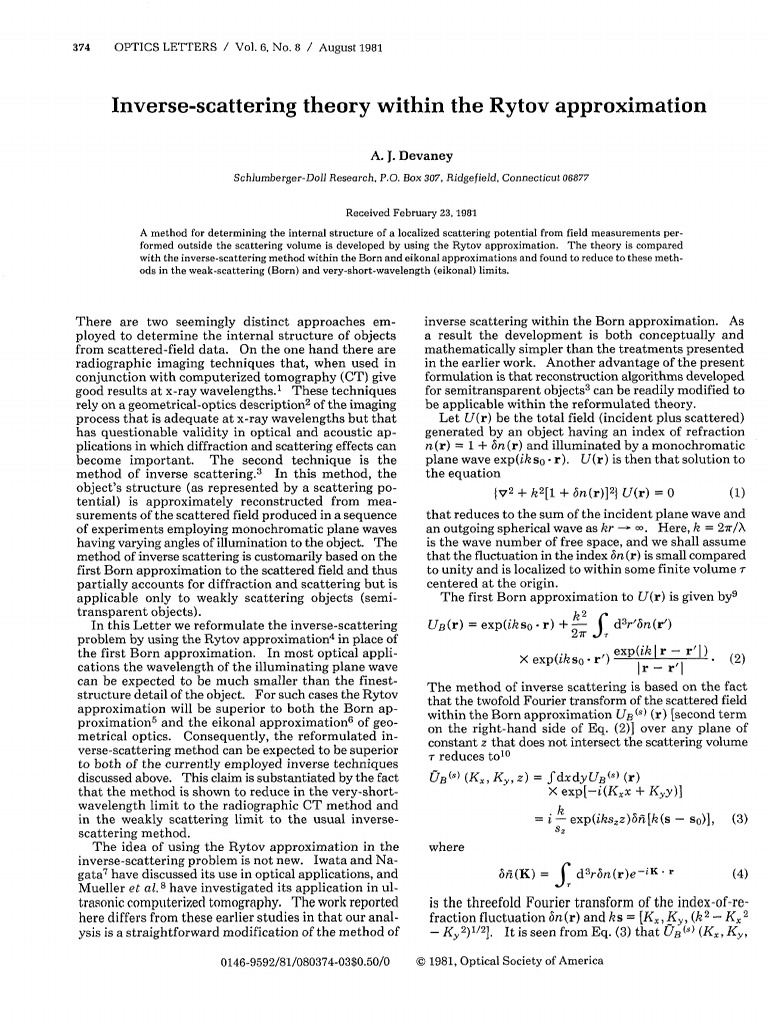 Rytov Approximation in Inverse Scattering | PDF | Scattering | Waves