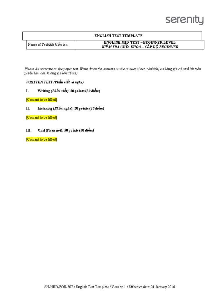 SH HRD For 307 English Test Template | PDF