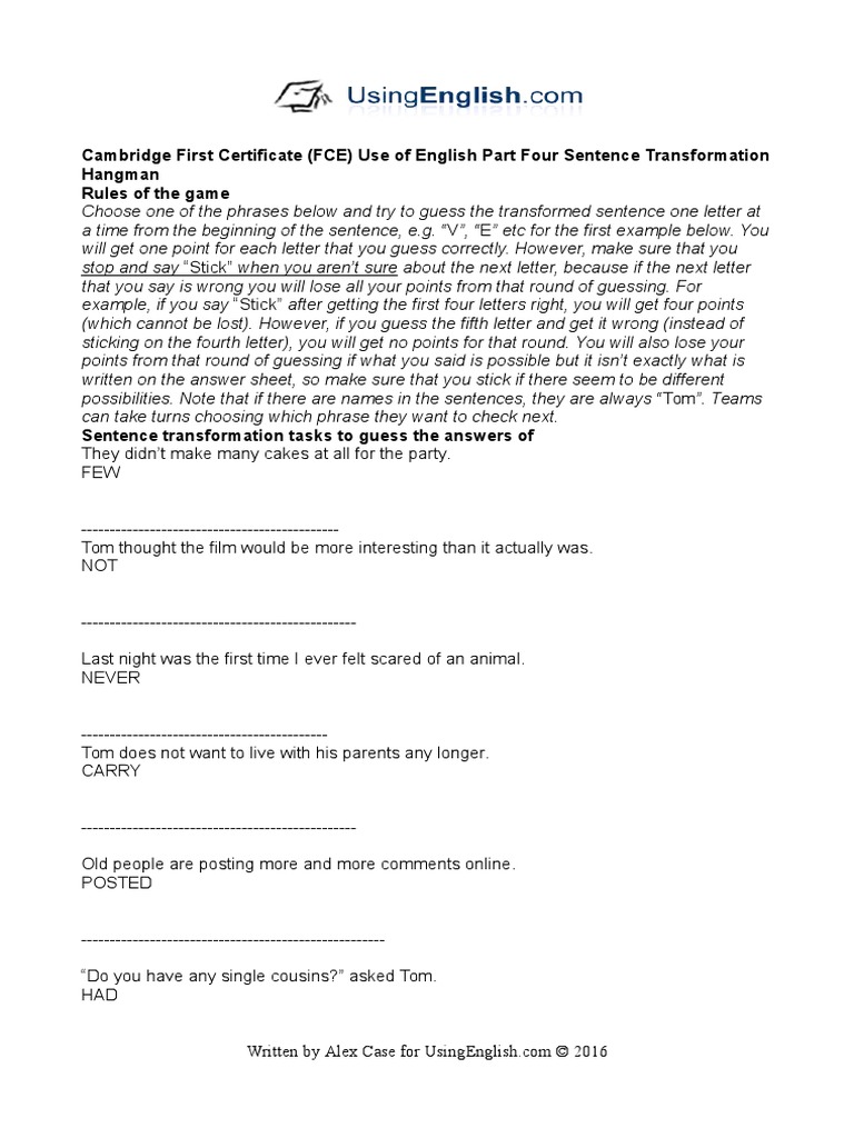 FCE Sentence Transformation Game | PDF | Verb | Adjective