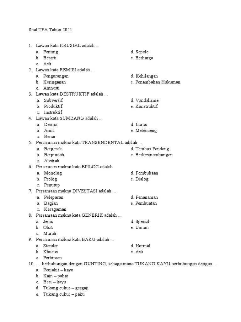 Soal TPA Tahun 2021 | PDF