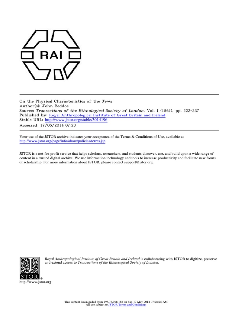 Beddoe, John On The Physical Characteristics of The Jews 1861 | PDF