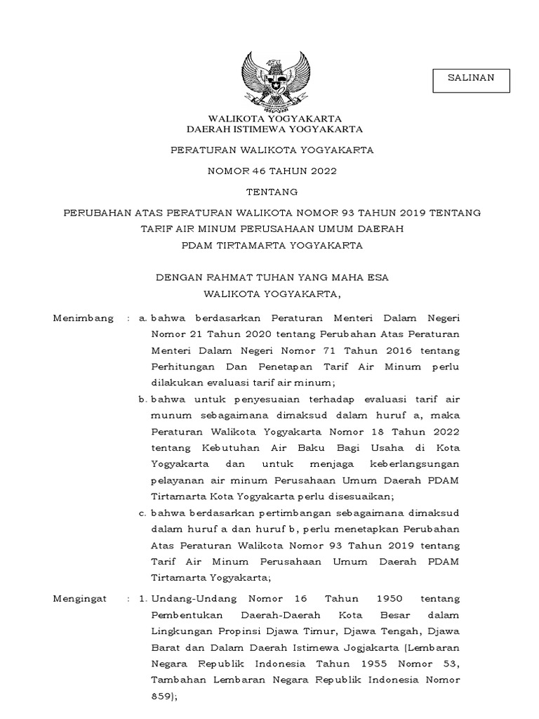 Perwal Yogyakarta Nomor 46 Tahun 2022 | PDF