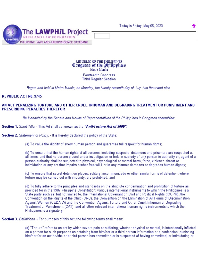 Ra 9745 Anti Torture Law | PDF | Torture | Detention (Imprisonment)