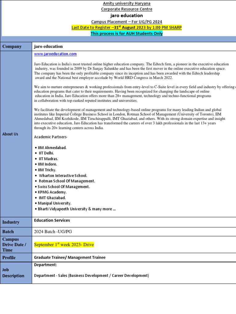CRC Job Notice - Jaro Education - Batch 2024 | PDF | Business