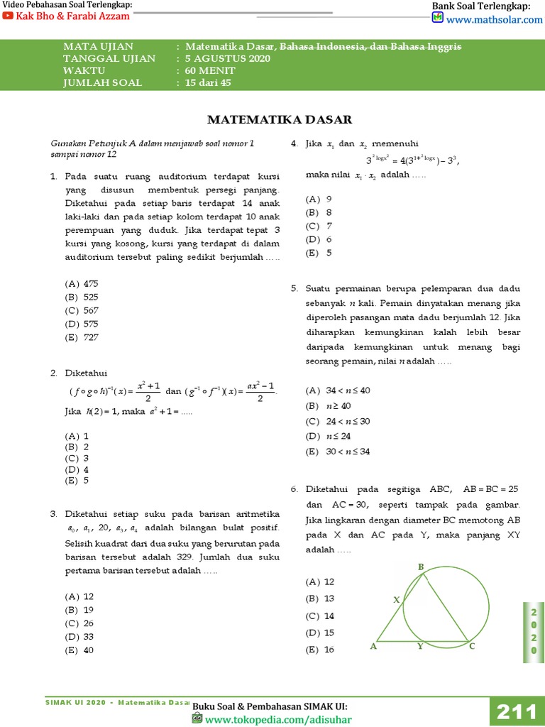 Soal Matematika Dasar SIMAK UI 2020 | PDF