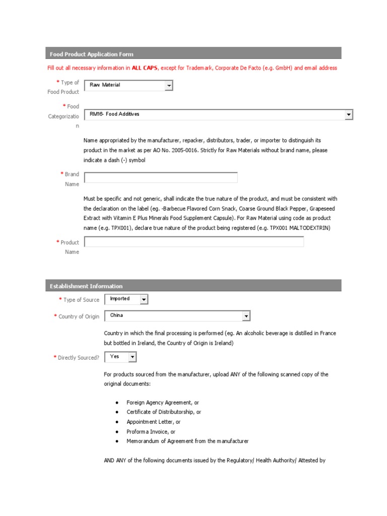 Food Product Application Form | PDF | Dietary Supplements | Foods
