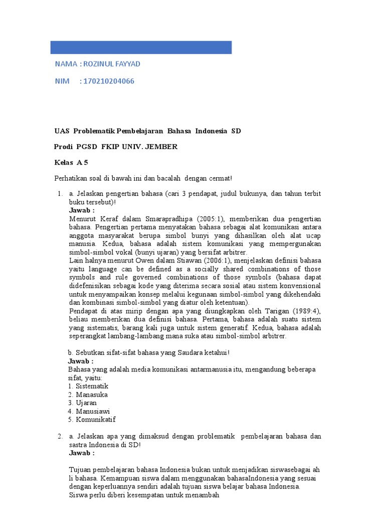 Soal Uas Problematik Pemb. BHS Dan Sastra Indonesia | PDF | Seni & Disiplin Bahasa