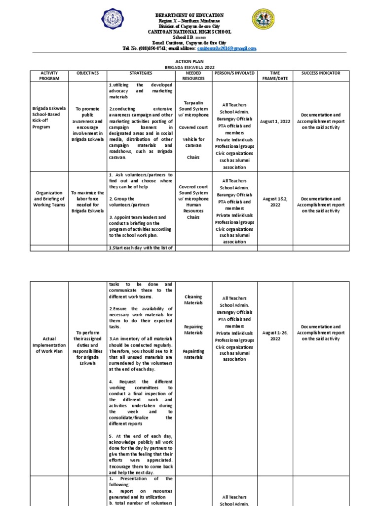 Brigada Eskwela Action Plan1 | PDF