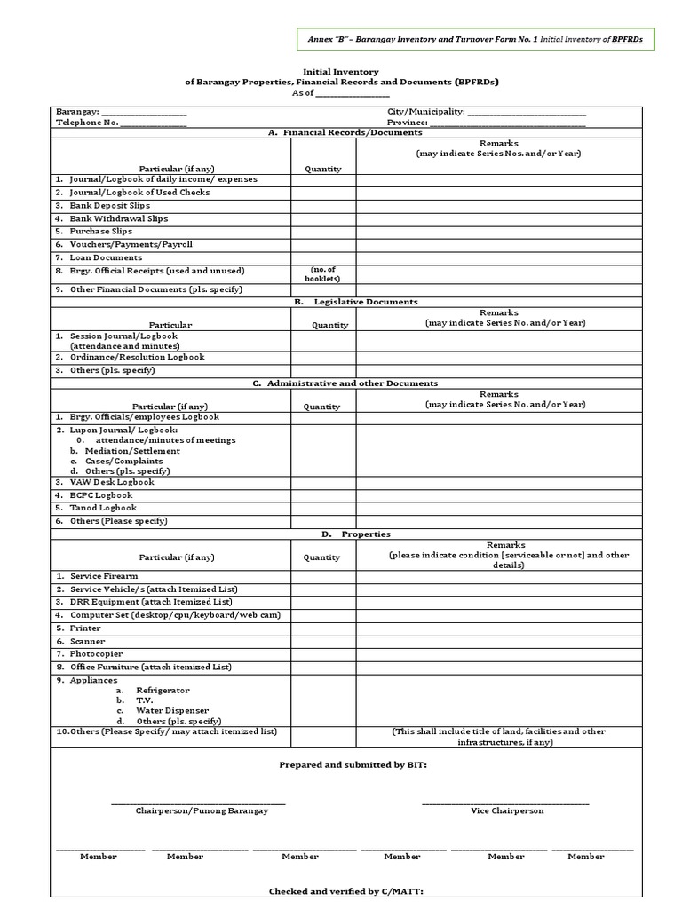 Barnagay Inventory Form 1 | PDF | Business