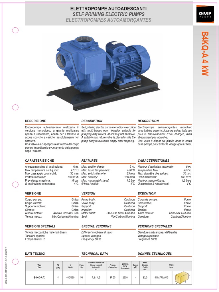 BOMBA CENTRIFUGA GMP PUMPS MODELO B4KQ-A4kW | PDF | Hidráulica ...