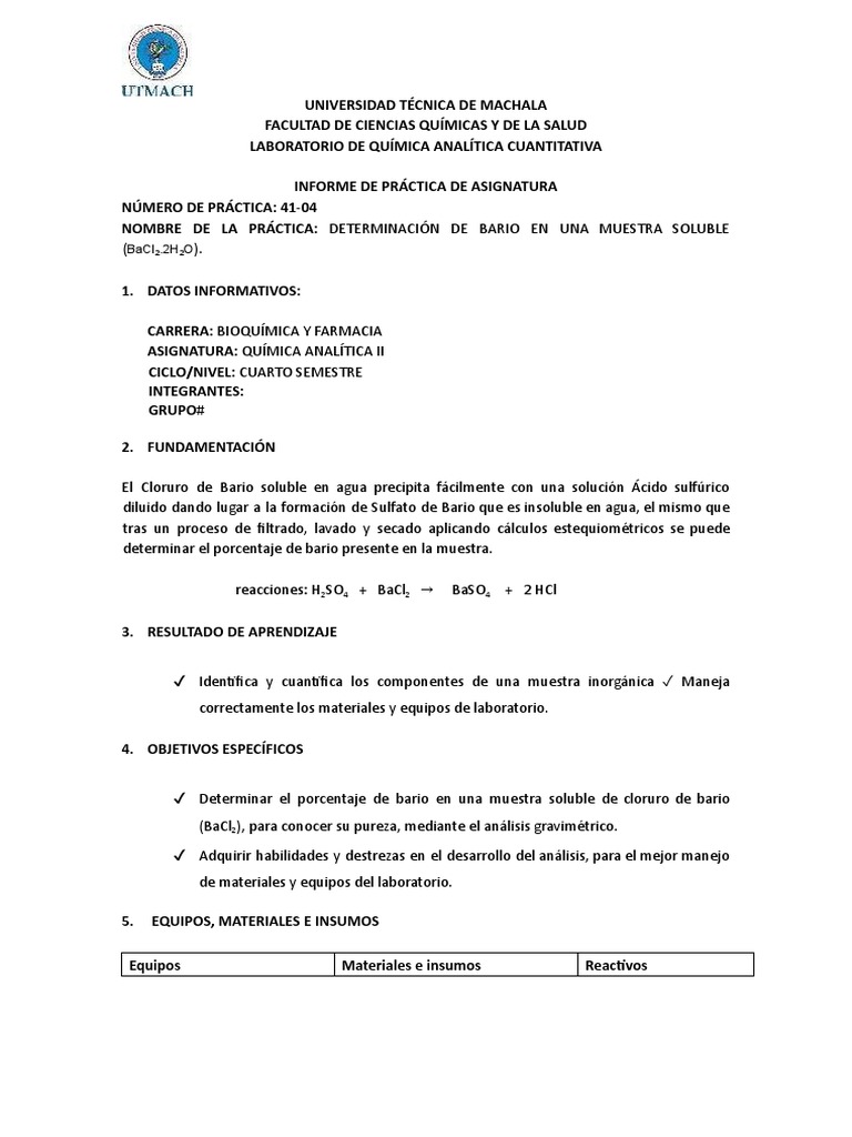 Pract. Laboratorio #4 Determinacion de Bario Q.A - Documentos de Google | PDF | Precipitación ...
