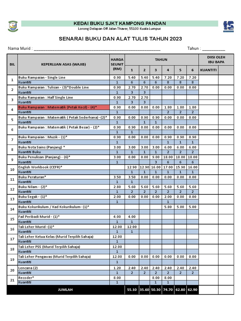 SENARAI BUKU & ALAT TULIS 2023.xlsx - Google Sheets | PDF