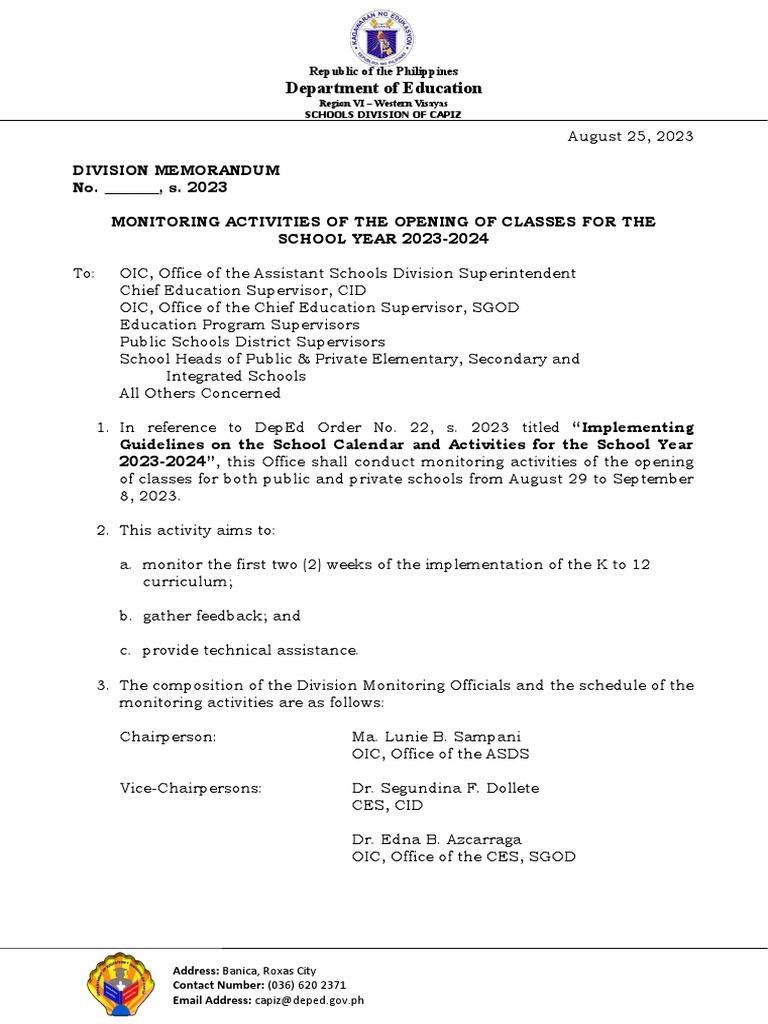 2023 2024 Monitoring of The Opening of Classes | PDF