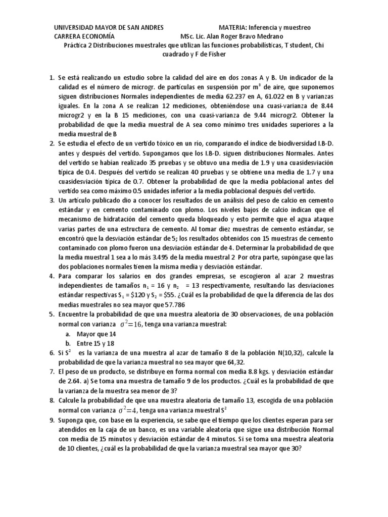 Practica T Student, Jicuadrado y Fisher | PDF