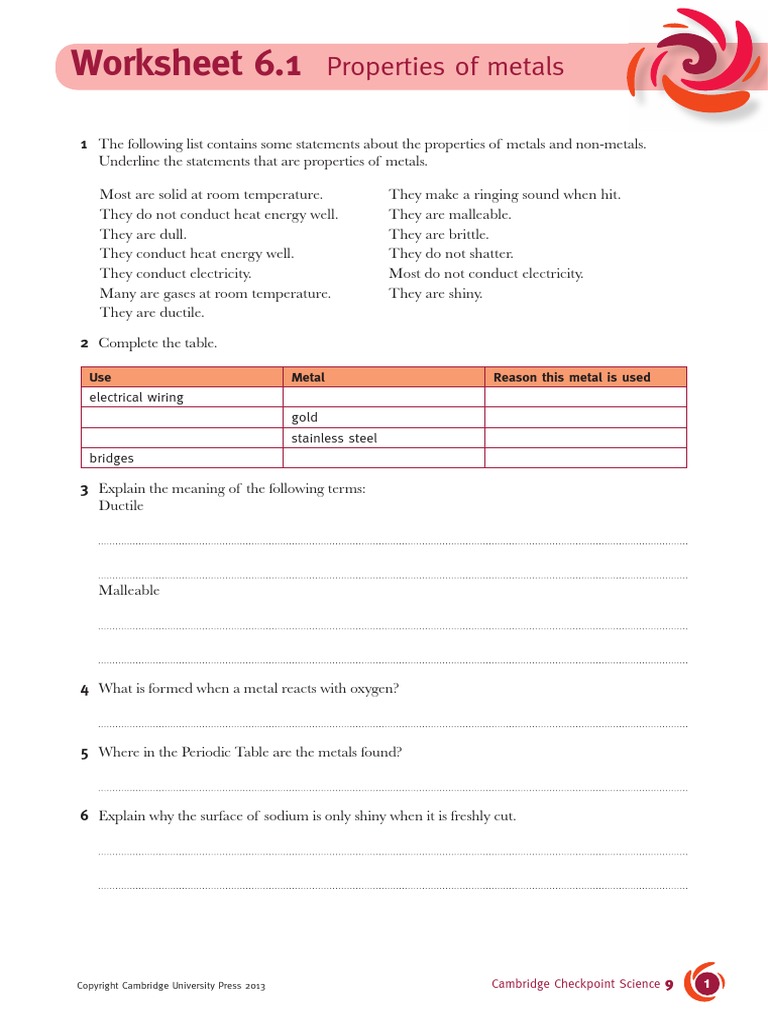 Worksheet 6.1: Properties of Metals | PDF | Social Science | Science ...