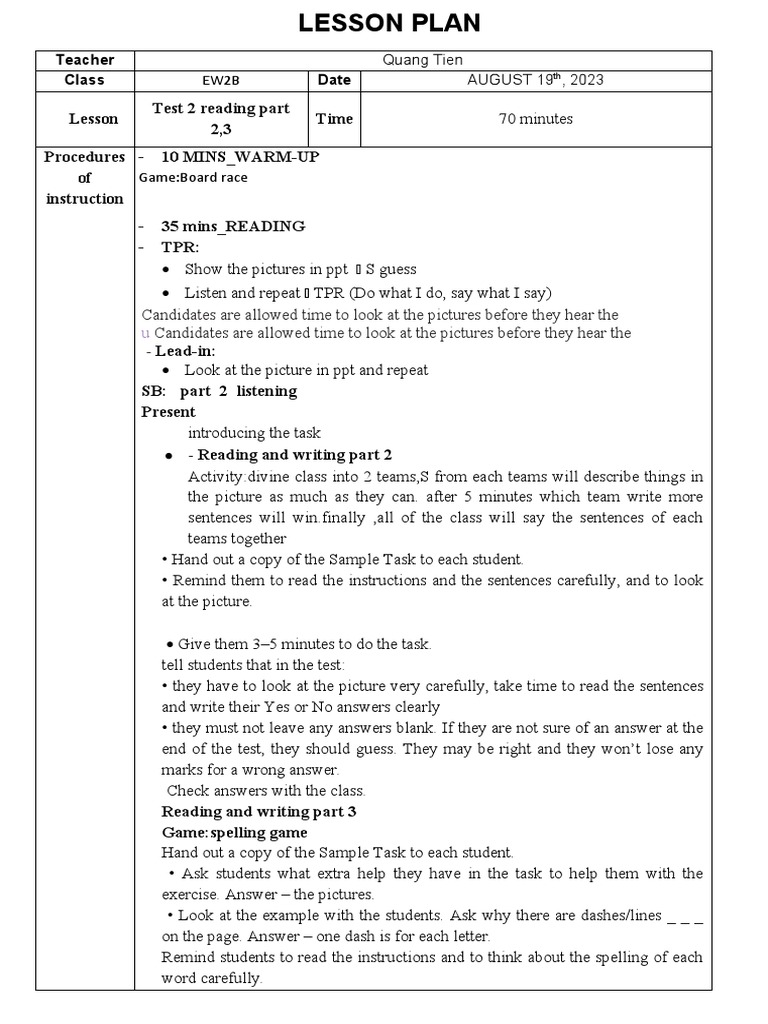 Test 2 Reading and Writing Lesson Plan | PDF | Microsoft Power Point ...