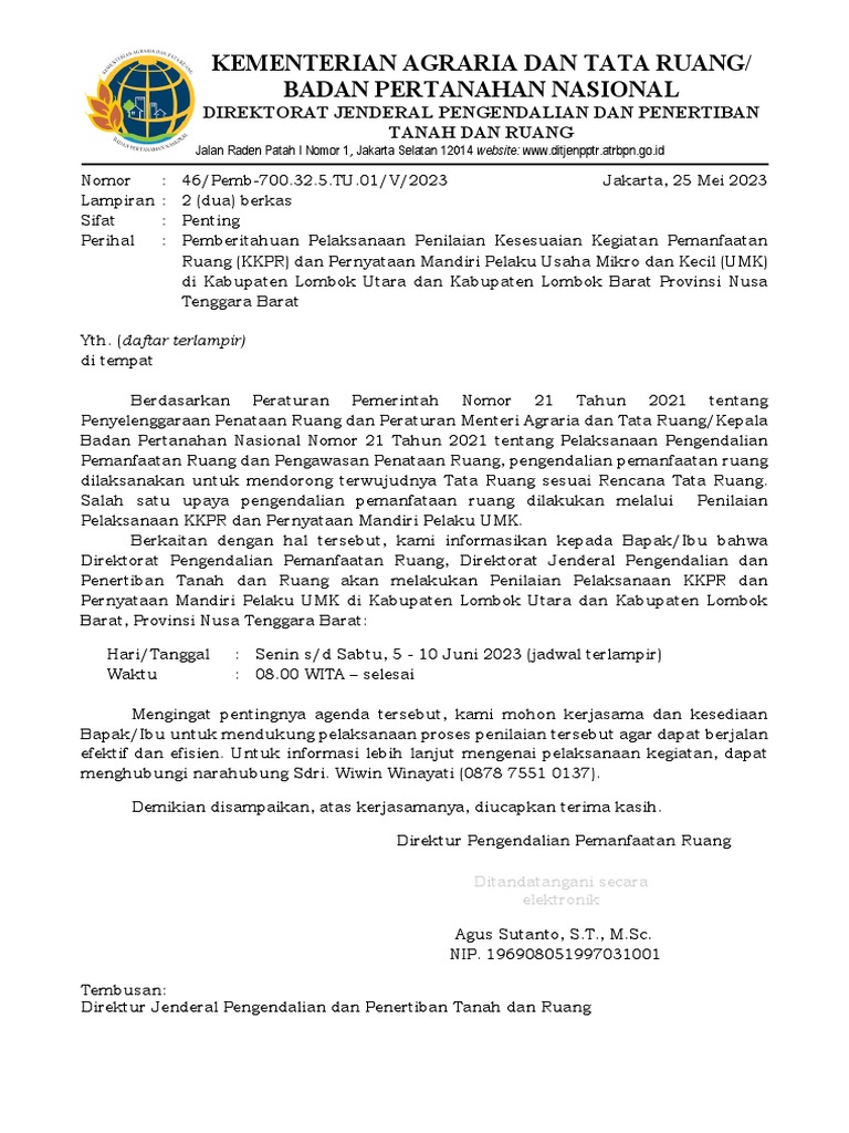 Surat Pemberitahuan KPD Pemilik KKPR Dan PMP UMK - NTB 2 5-10 Juni ...