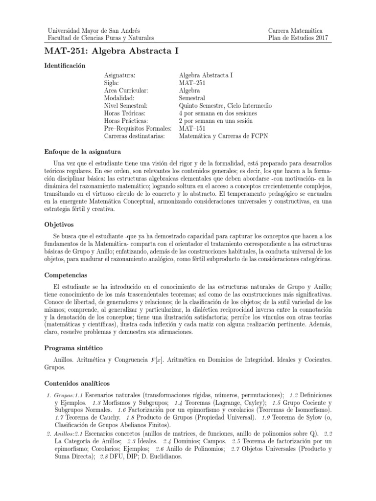Álgebra Abstracta I: Plan de Estudios | PDF | Evaluación | Matemáticas