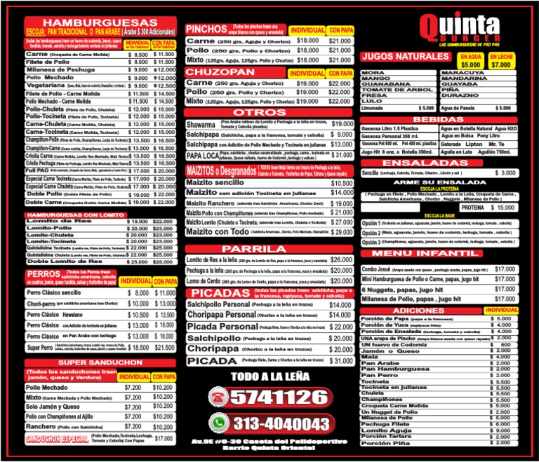 MENU TABLA Quinta Burguer Mayo 16-2022 | PDF | filete | Salchicha