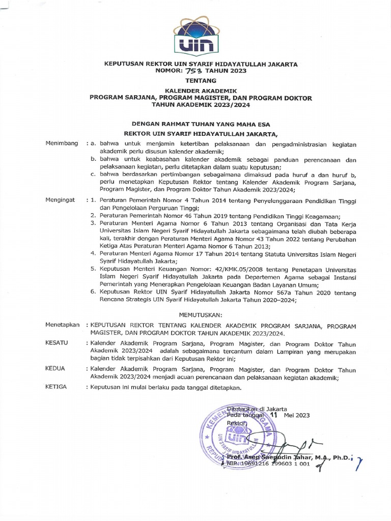 SK Rektor No 753 Ttg Kalender Akademik TA 2023-2024 | PDF