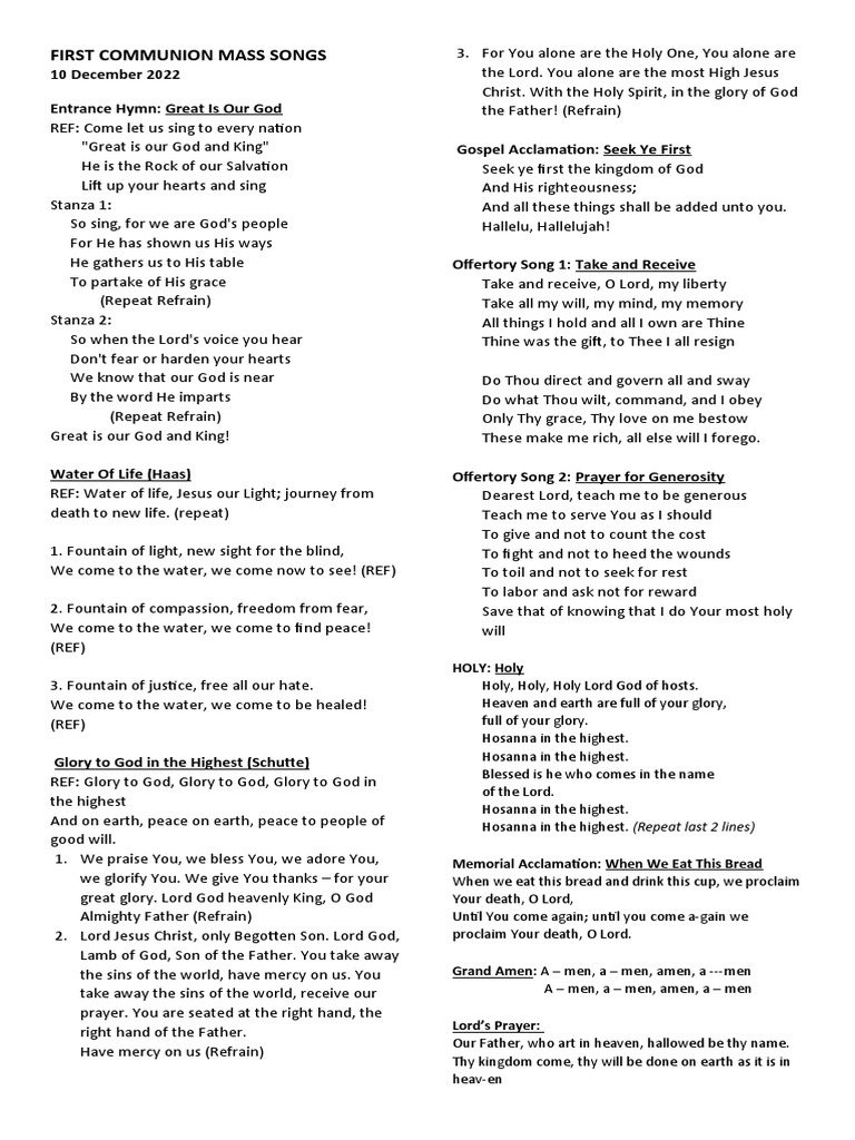 First Communion Mass Song List | PDF | Foreign Language Studies | Poetry