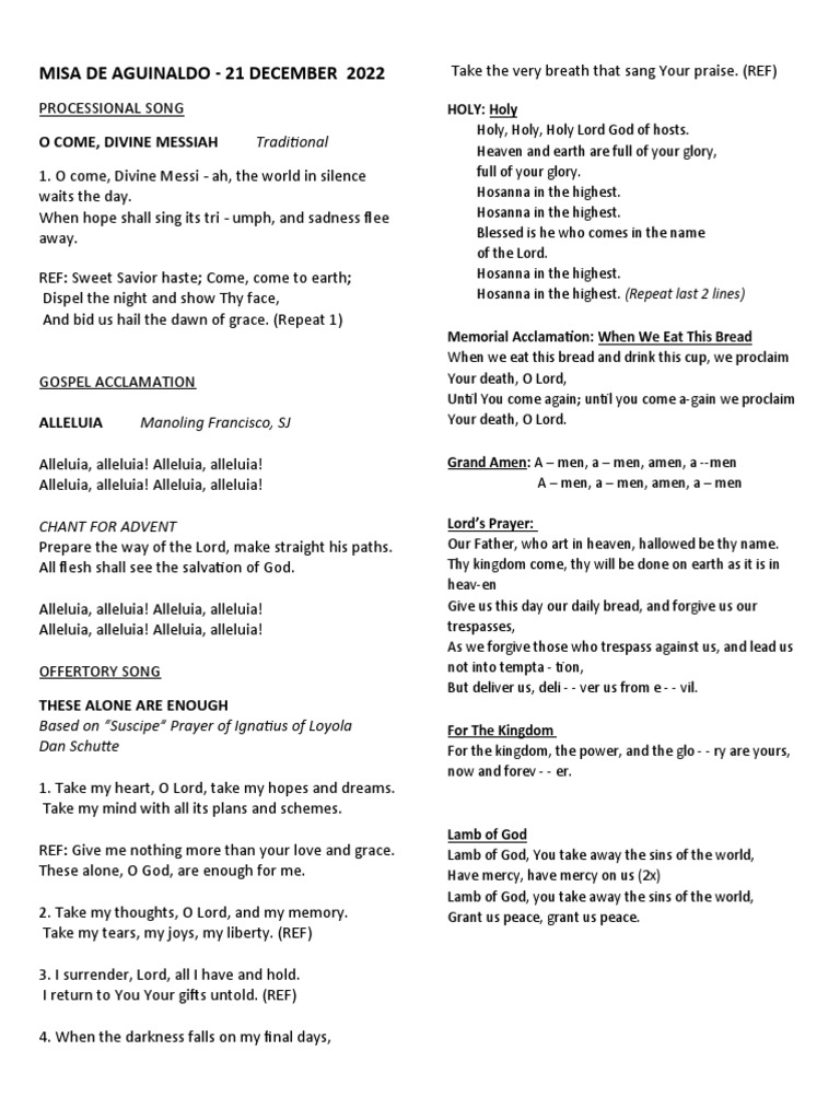 Songs For Misa de Aguinaldo - 21 December 2022 | PDF | Christian ...
