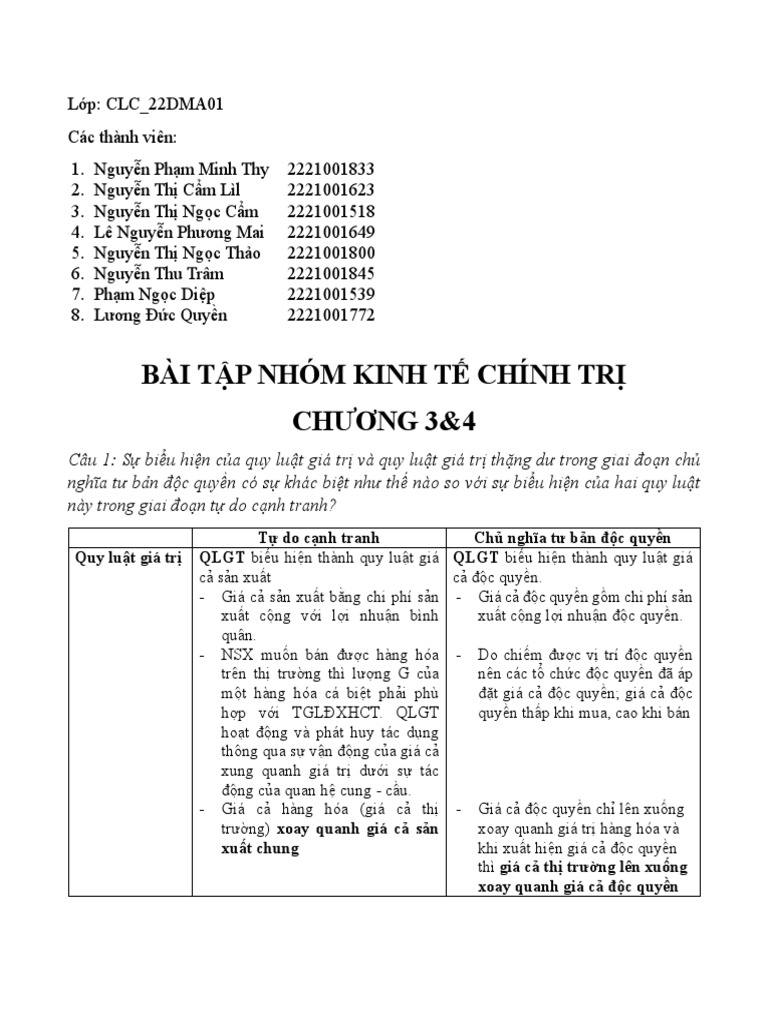 CLC - 22DMA01-KTCT-KT Nhóm-Chương 3 Và 4 | PDF
