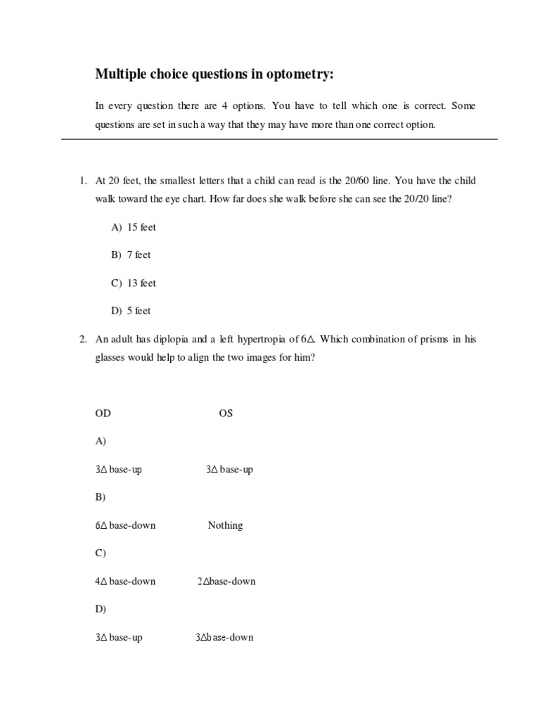 Multiple Choice Questions 1 | PDF | Glasses | Eye