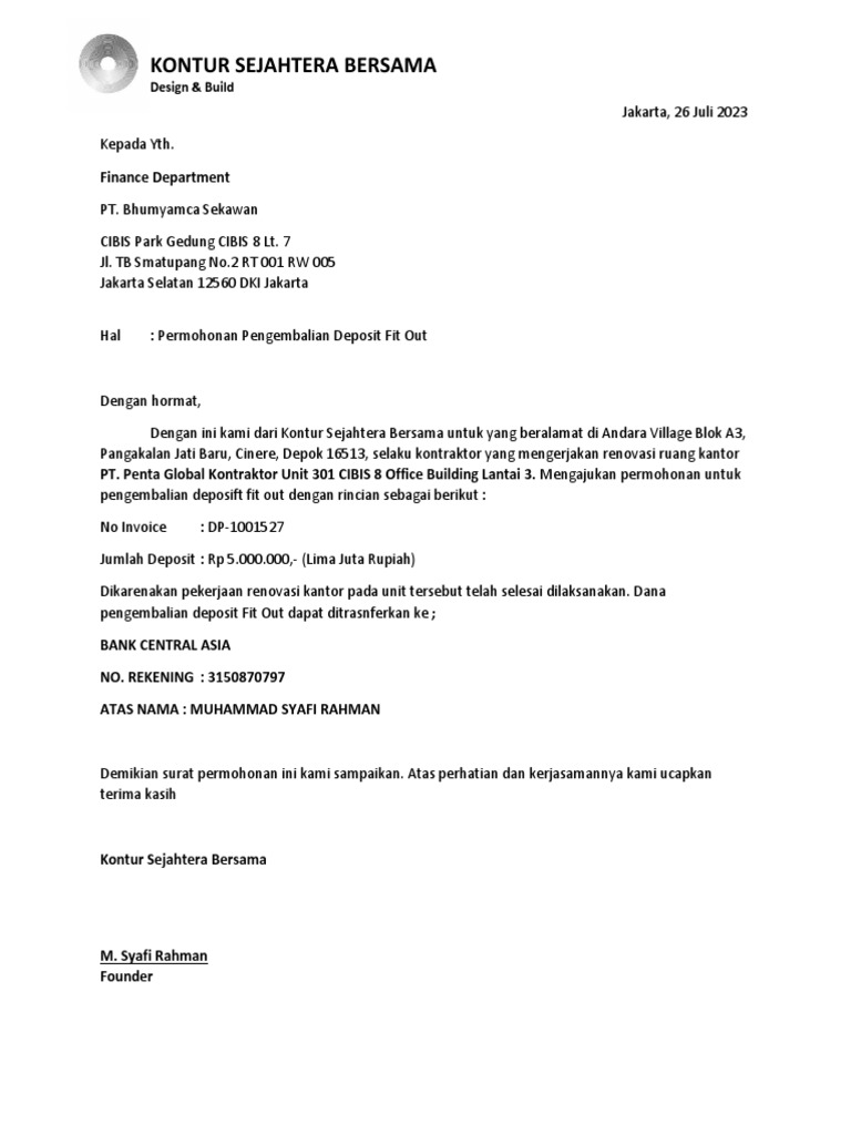 Surat Permohonan Pengembalian Fit Out | PDF