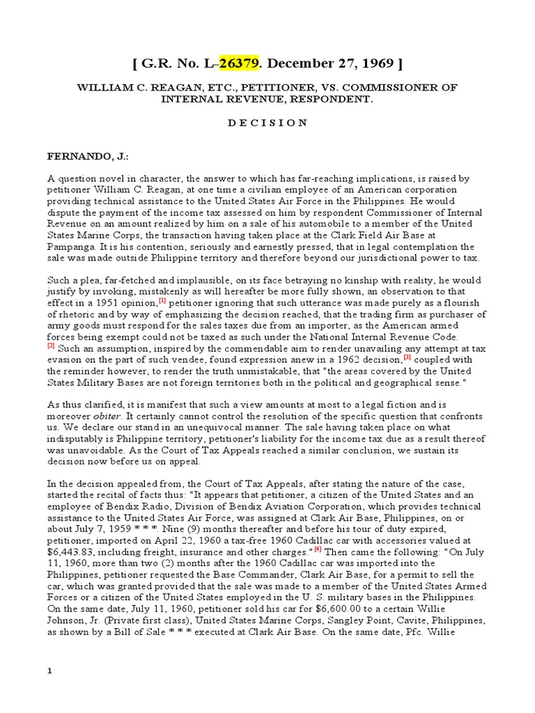 30 Scra 968 (G.r. No. L-26379. December 27, 1969) - Reagan Vs Bir ...