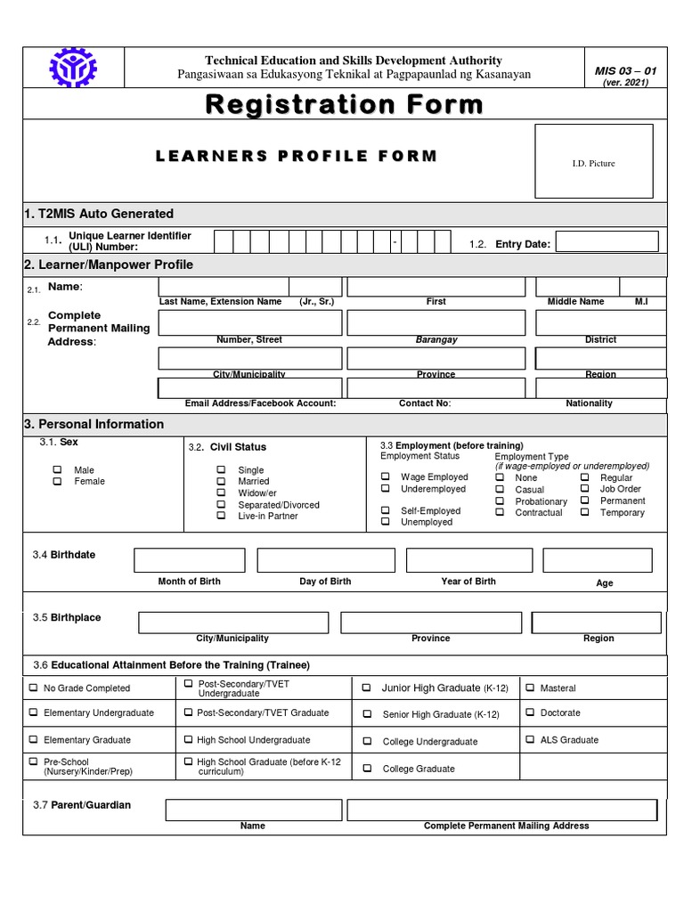 TESDA Learner Registration Form | PDF