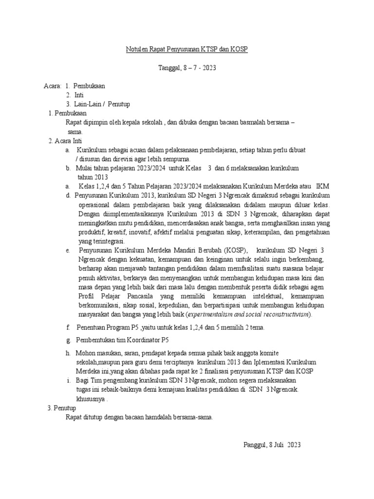 Notulen Rapat Penyusunan KTSP Dan KOSP | PDF