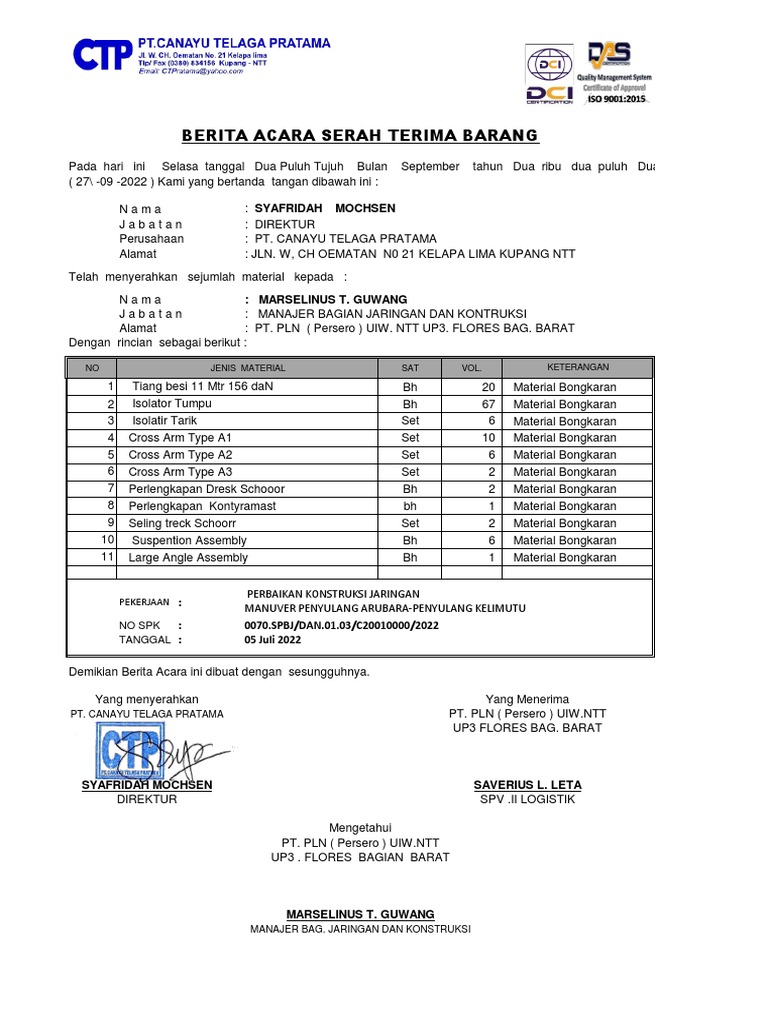 Berita Acara Serah Terima Material | PDF