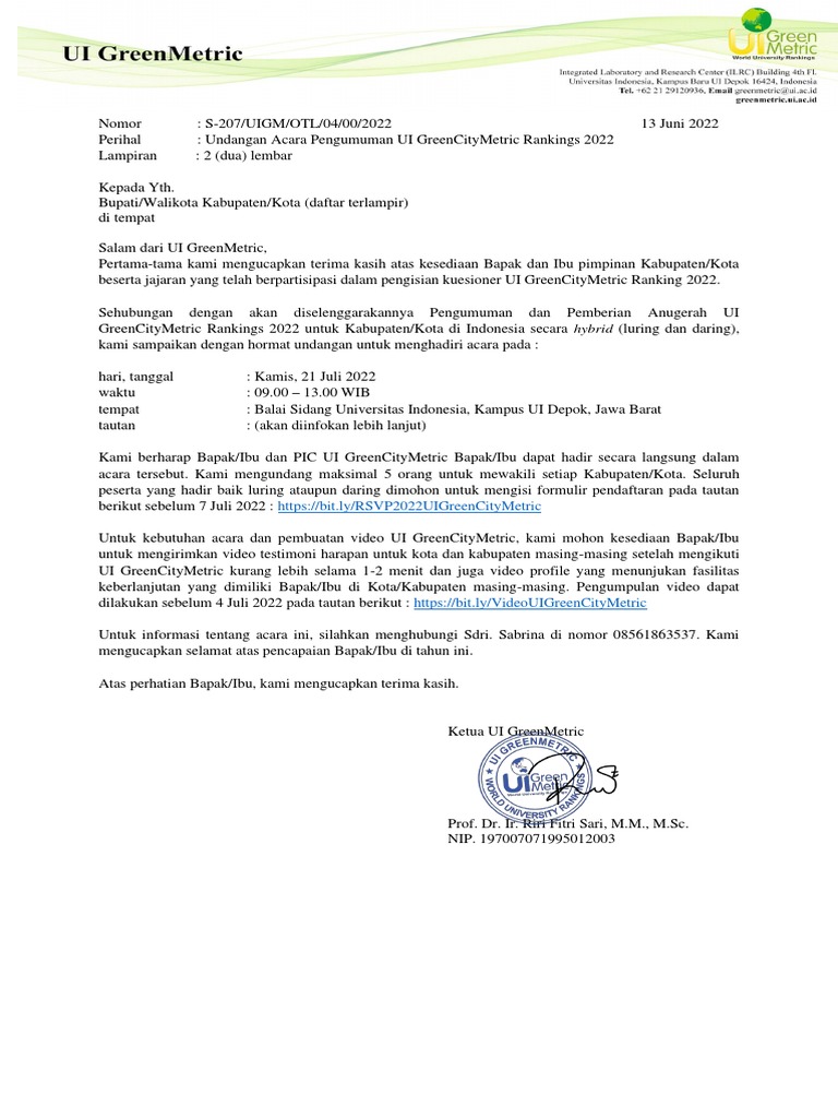 Surat Undangan Pengumuman UI GreenCityMetric Rankings 2022 | PDF