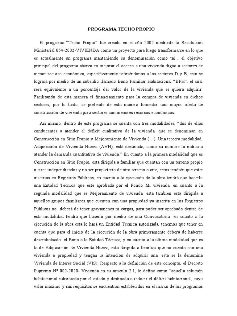 Programa Techo Propio - Ensayo | PDF