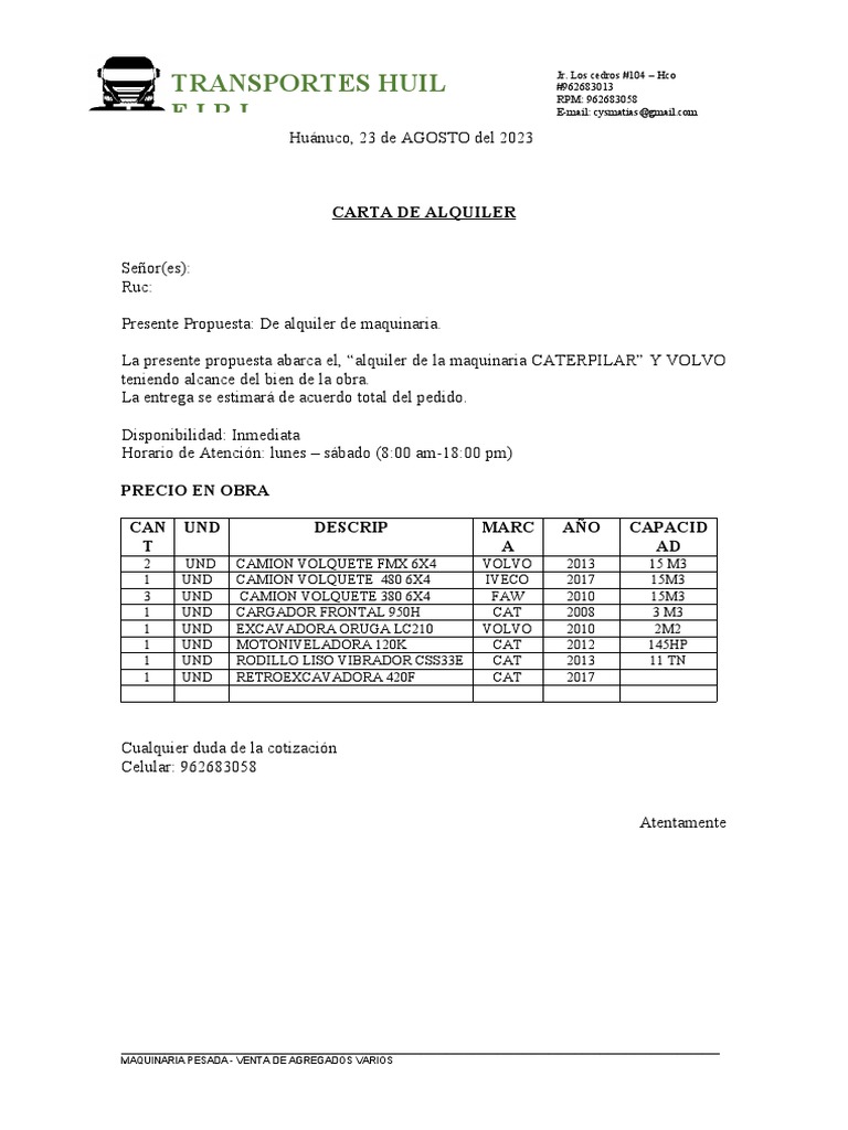 Carta de Alquiler Jorgue (Campo Verde 120KM) | PDF