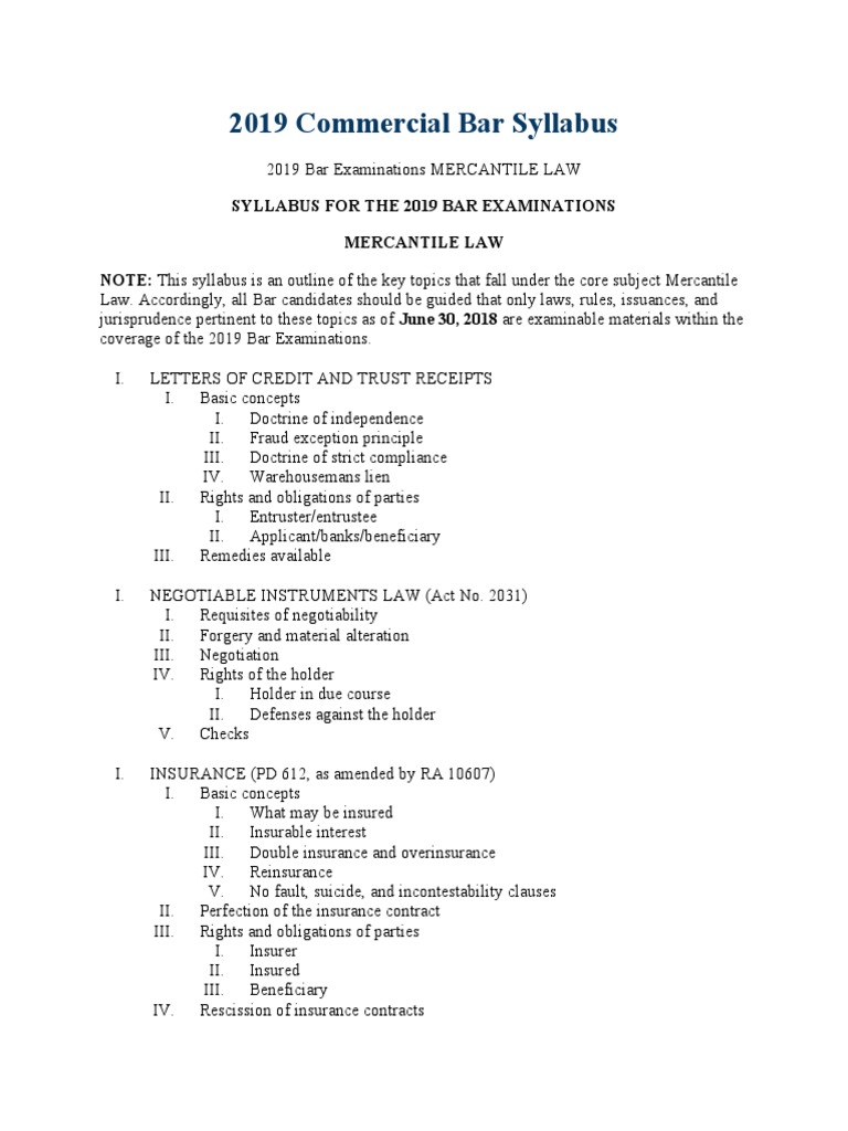 2019 Mercantile Law Bar Syllabus | PDF | Corporations | Patent
