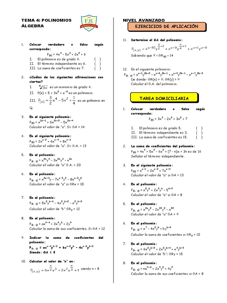 ALGEBRA TEMA 4 NIVEL AVANZADO Polinomios | PDF | Álgebra | Matemáticas