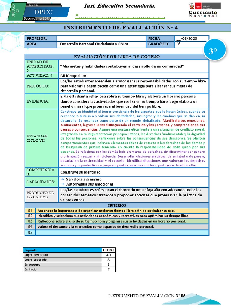 3º DPCC - LC Act.4 Uni 5 - Sem 04 | PDF | Evaluación | Desarrollo personal