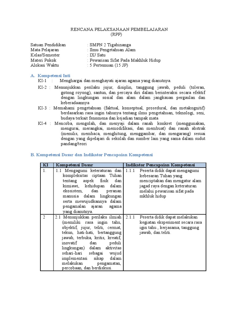 RPP Pewarisan Sifat Kelas 9 | PDF RPP Pewarisan Sifat Kelas 9 | PDF