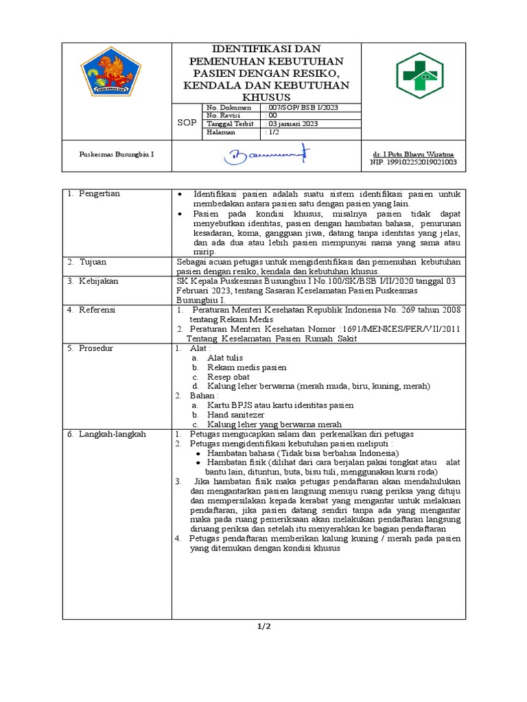 SOP Identifikasi Dan Pemenuhan Kebutuhan Pasien Dengan Risiko Kondisi Khusus | PDF