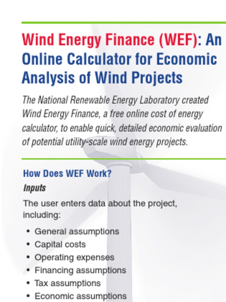 Wind Energy Finance (WEF) :: An Online Calculator For Economic Analysis ...