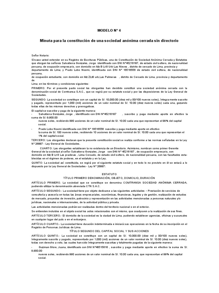 Minuta Para La Constitución de Una Sociedad Anónima Cerrada Sin Directorio | PDF | Ley procesal ...