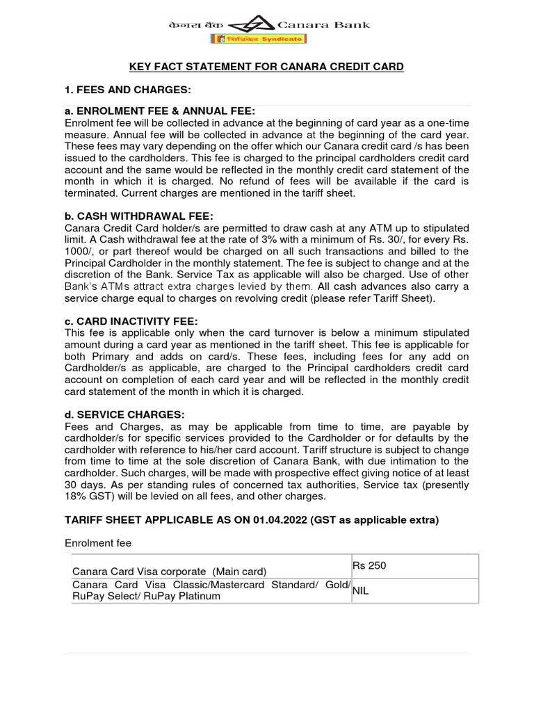 Key Fact Statement and MITC | PDF | Credit Card | Fee